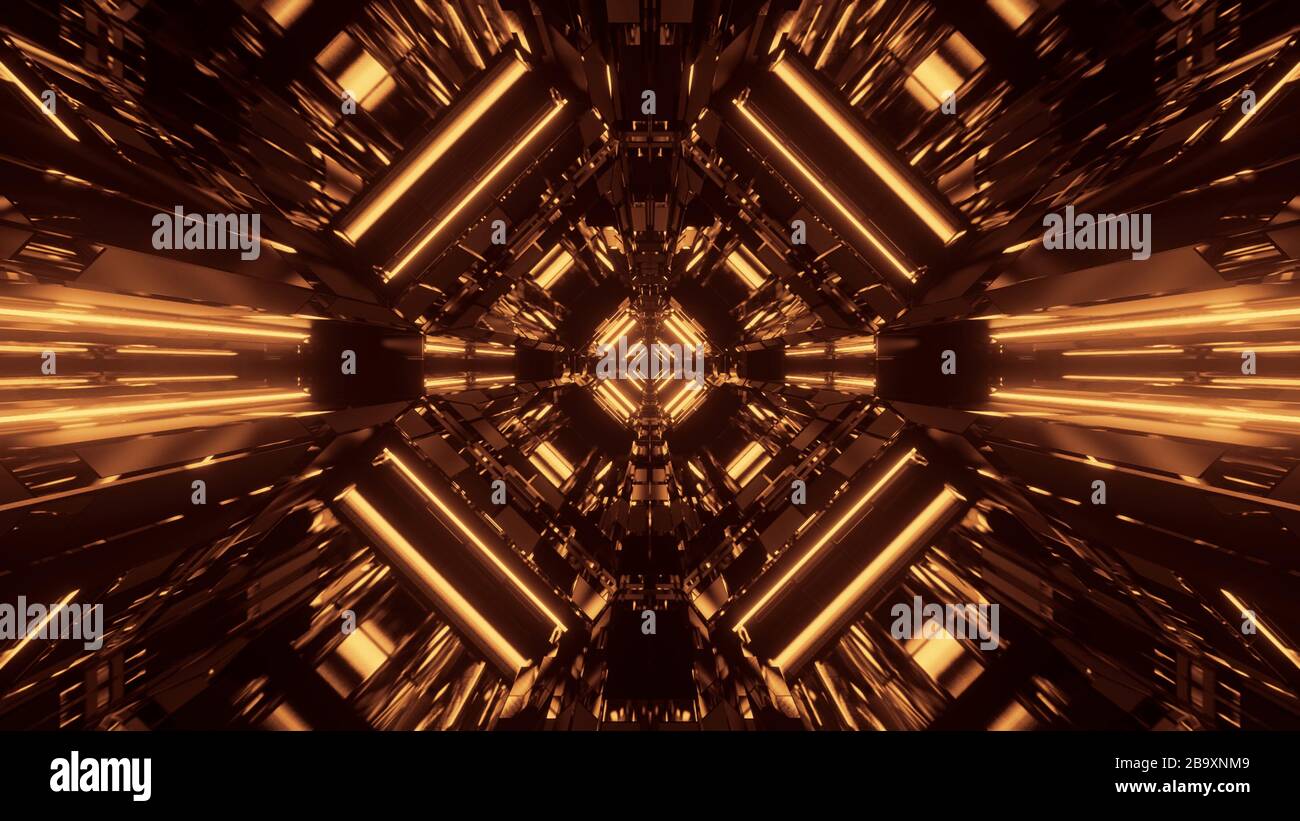 Abstract science fiction futuristic background with golden neon lights ...