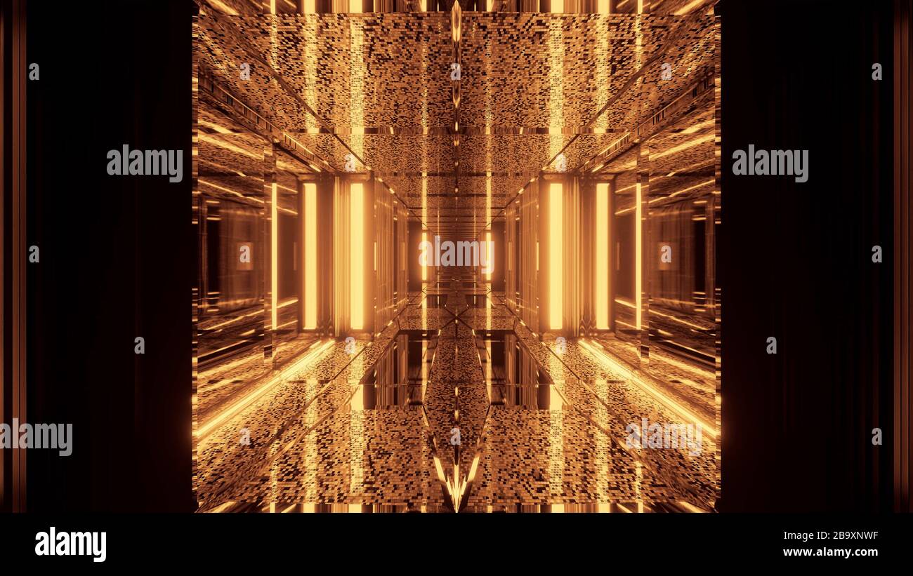 Abstract science fiction futuristic background with golden neon lights ...