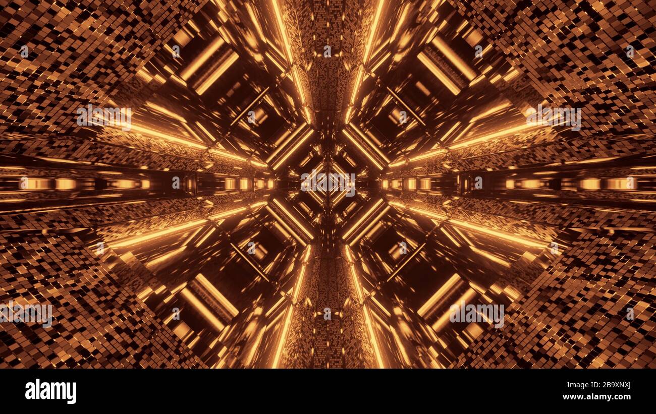 Abstract science fiction futuristic background with golden neon lights ...