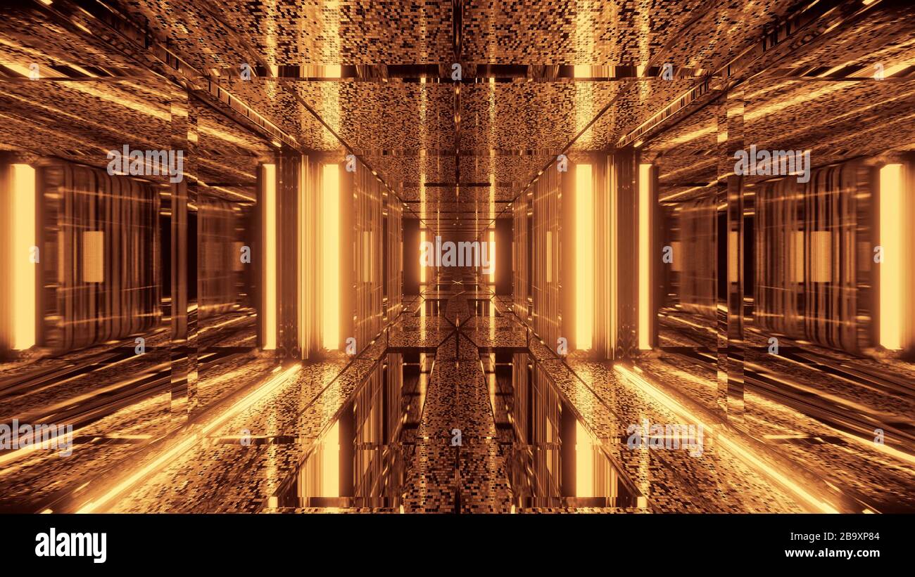 Abstract science fiction futuristic background with golden neon lights ...