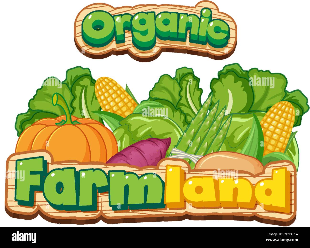 Font design for word organic farmland with many fresh vegetables ...