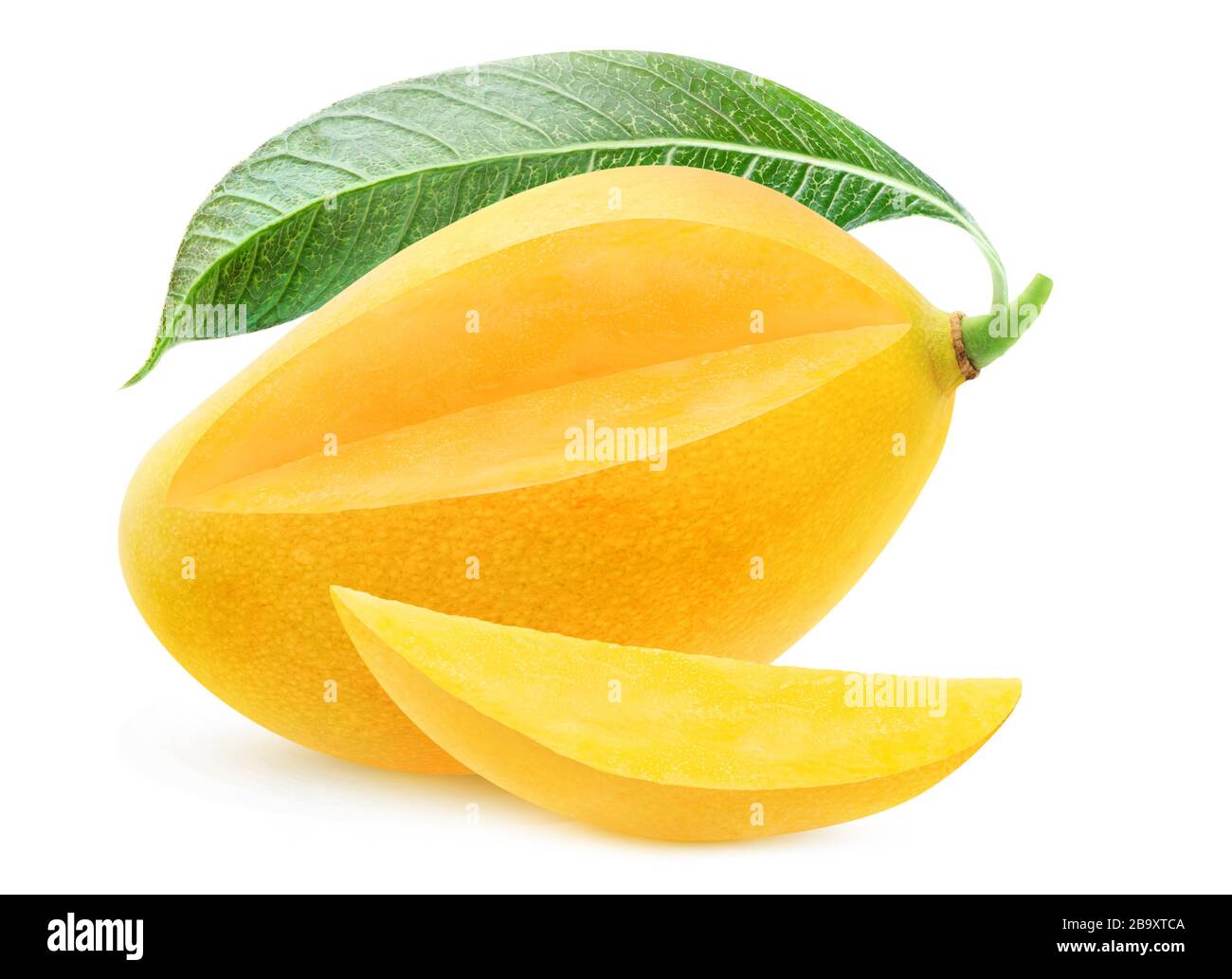 Isolated yellow mango. One whole mango fruit with leaf with cut out ...