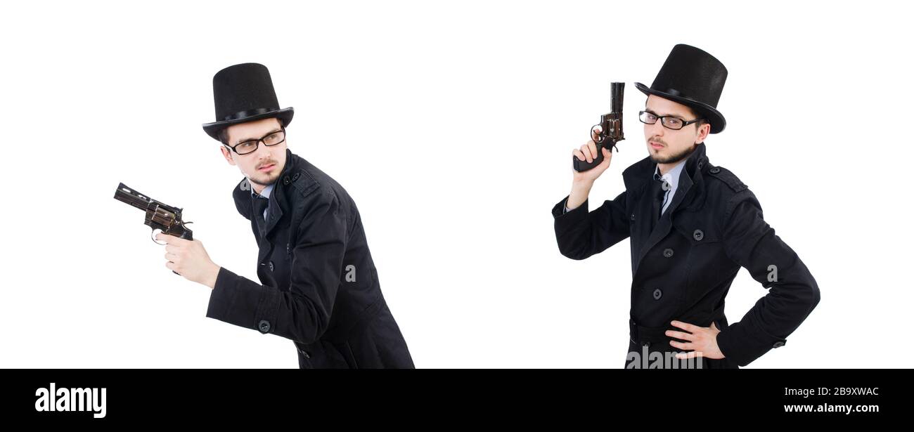 The young detective in black coat holding handgun isolated on white ...
