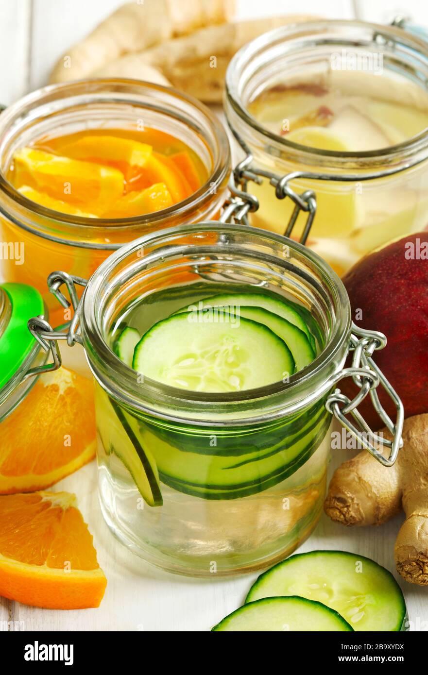 Healthy Spa Water with Fruit and vegetable. Cucumber spa water, pear ...