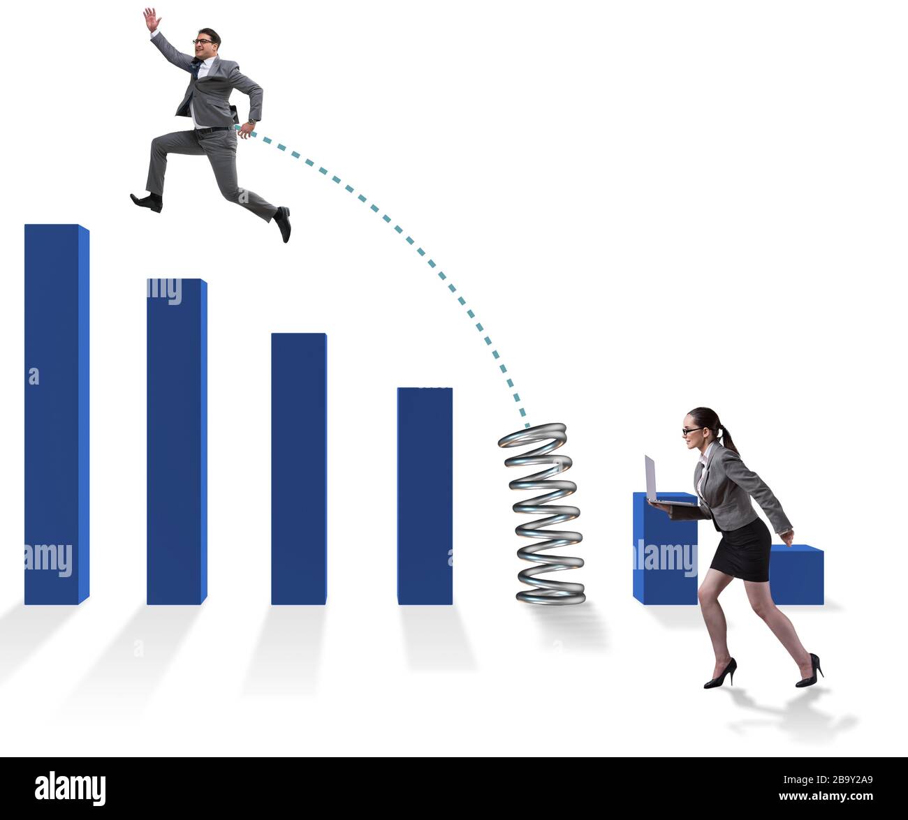 The business people jumping over bar charts Stock Photo - Alamy