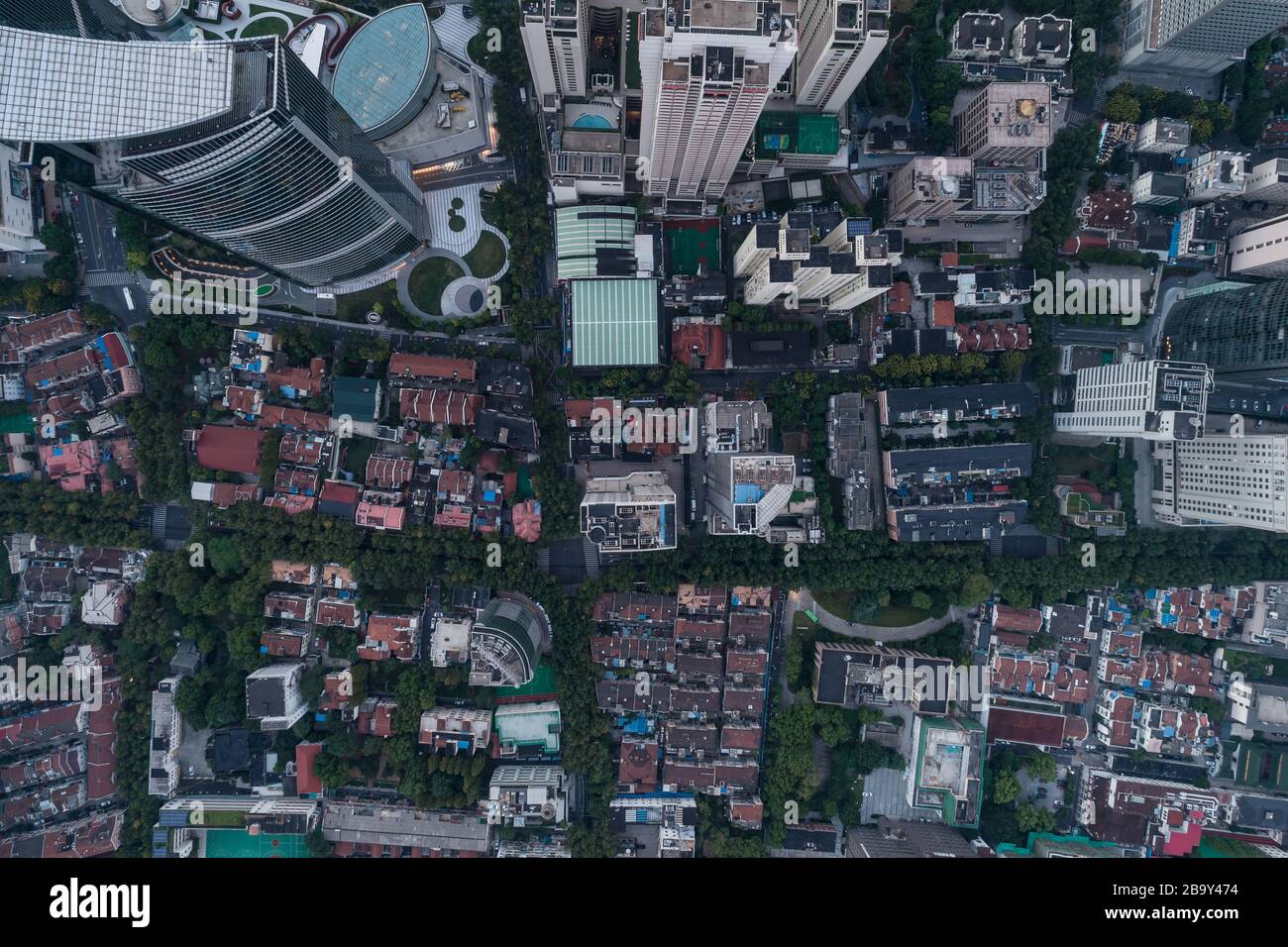 Aerial view of business area and cityscape in the dawn, West Nanjing ...