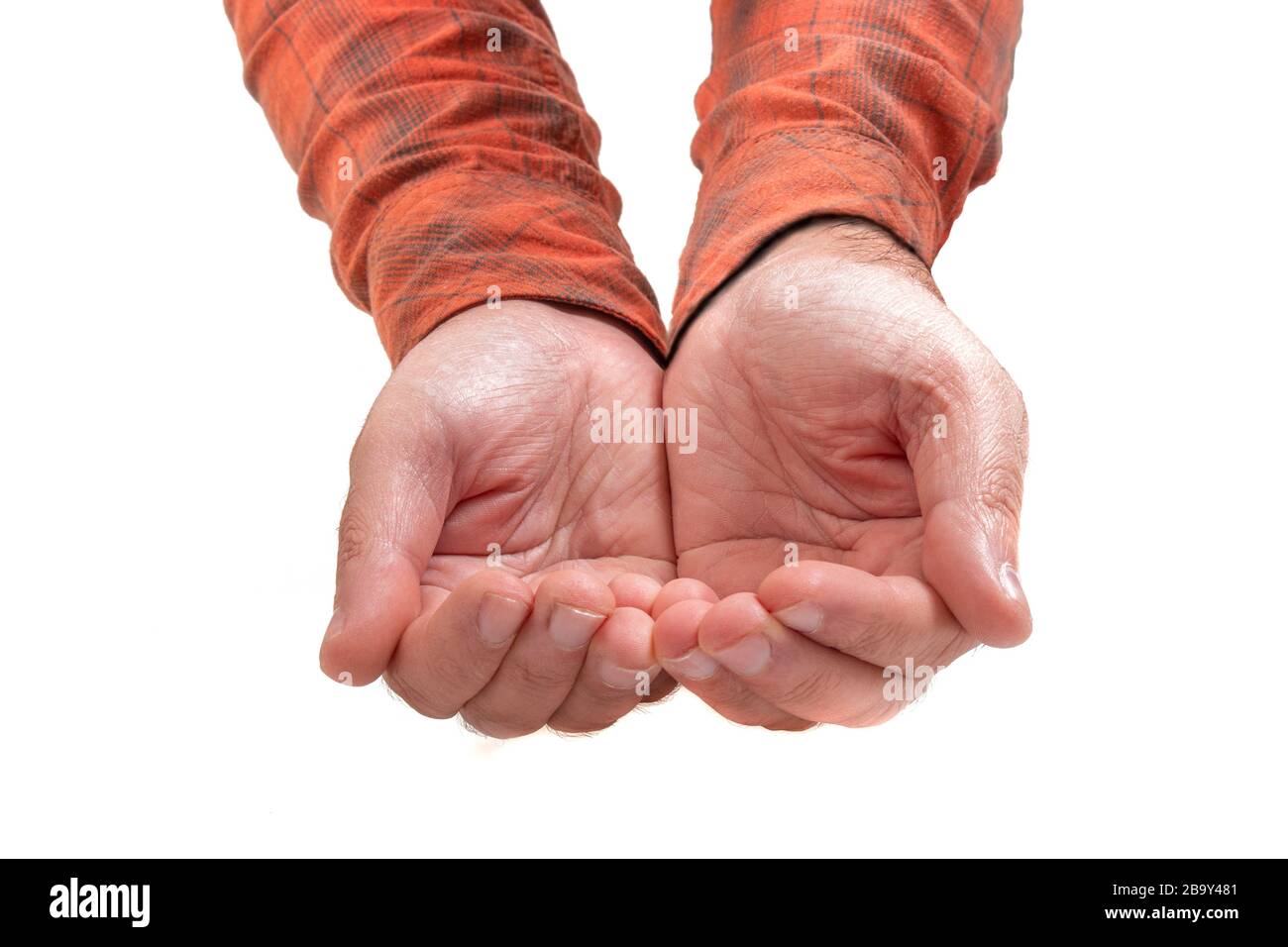 empty male hands closeup concept meaning offer, hold or care isolated ...