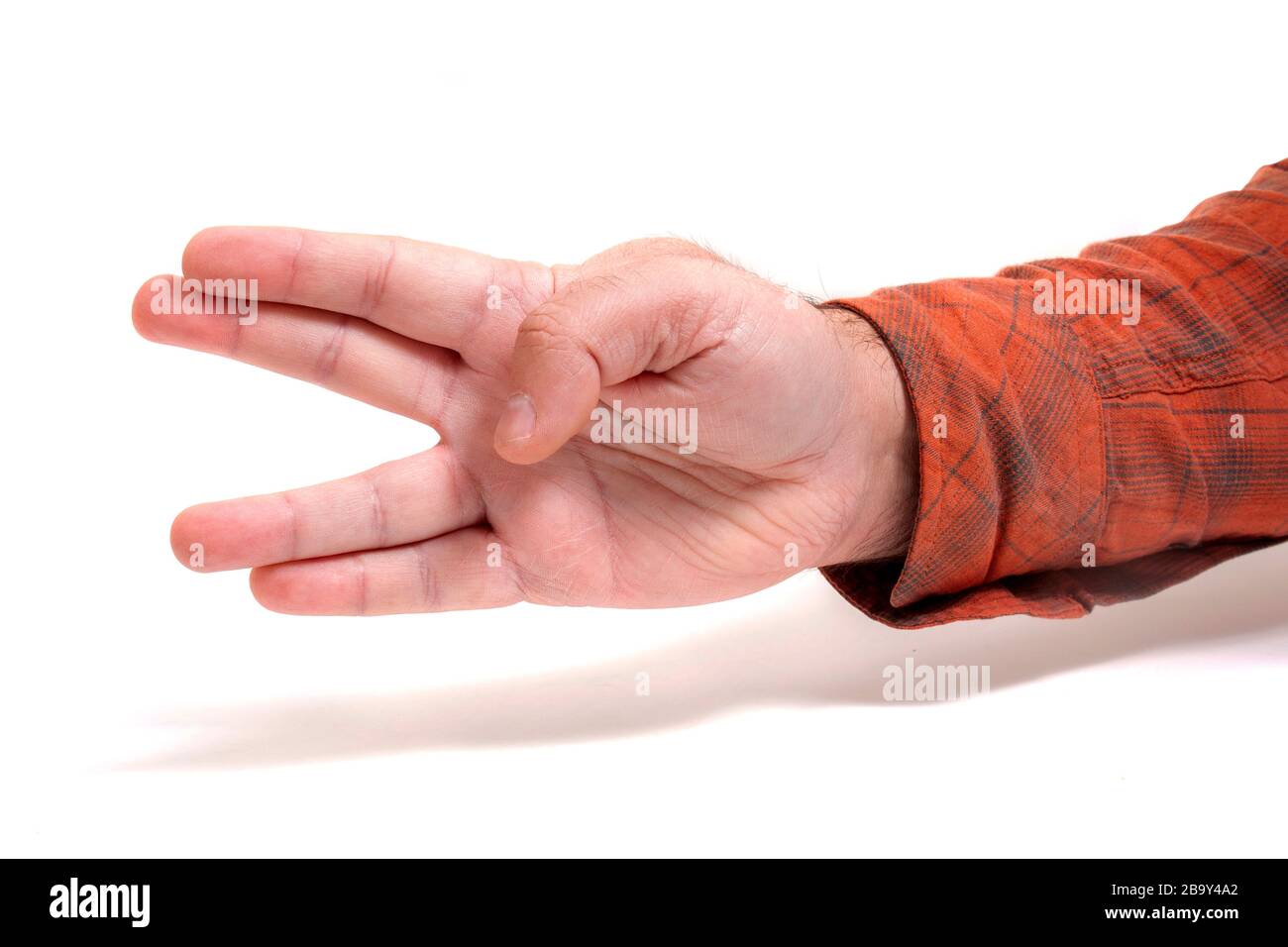 empty male hand closeup concept meaning hello, open palm, five fingers ...