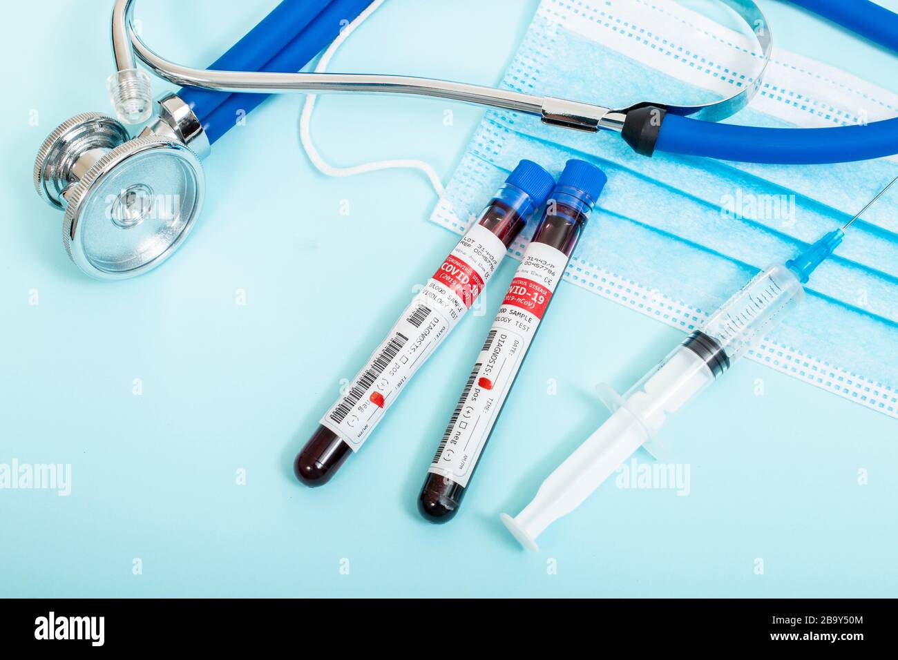 Fictional Blood samples with infected Coronavirus, with stethoscope ...