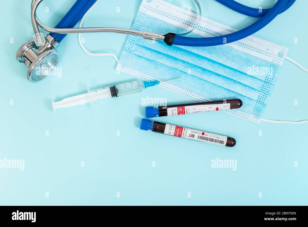 Fictional Blood samples with infected Coronavirus, with stethoscope ...