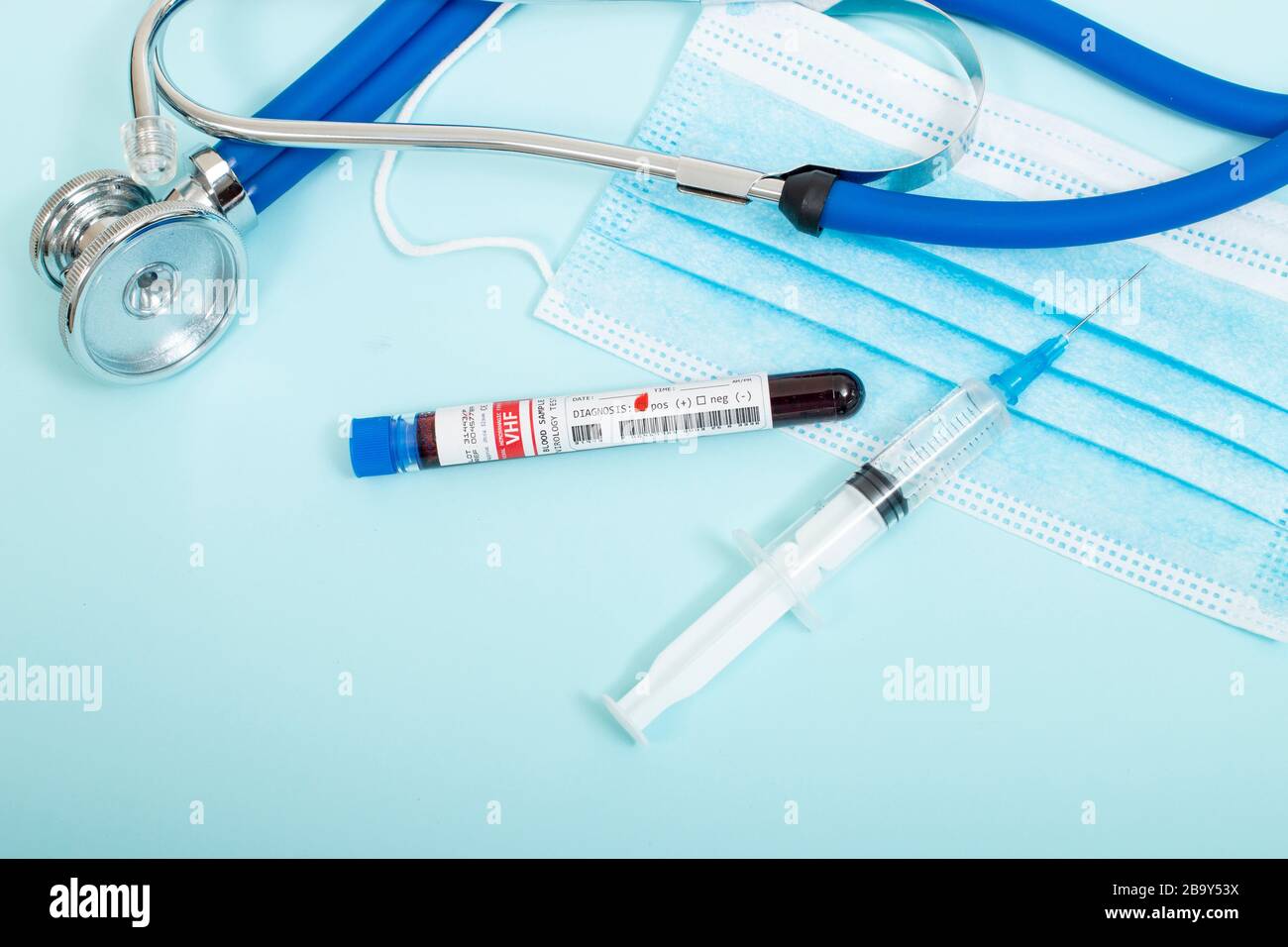 Fictional Blood samples with infected VHF virus, with stethoscope, mask ...
