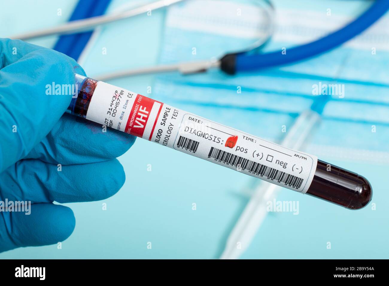 Fictional Blood samples with infected VHF virus, with stethoscope, mask ...