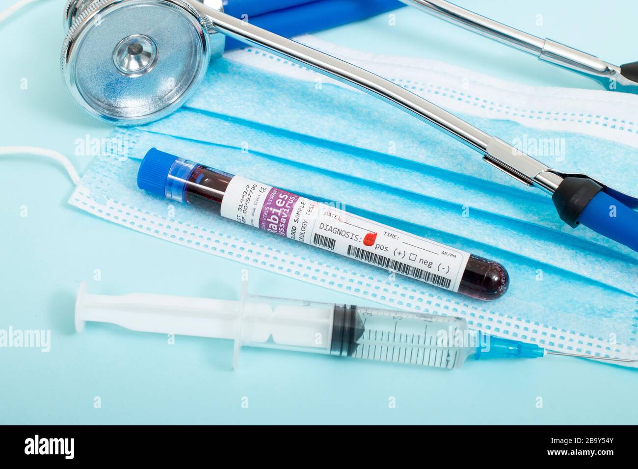 Fictional Blood samples with infected rabies virus, with stethoscope ...
