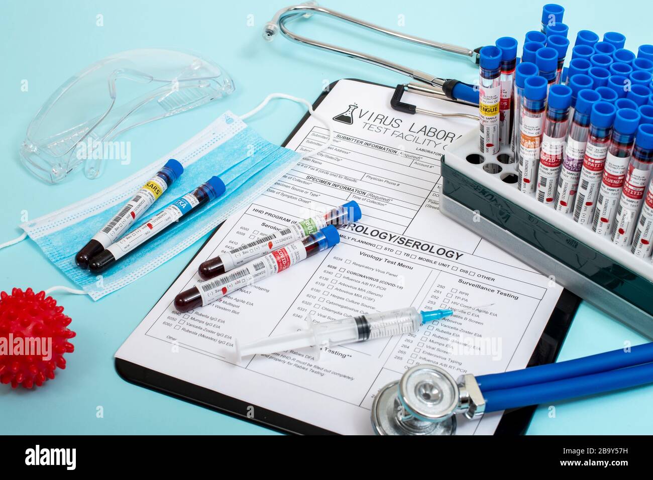 Several fictional infected blood samples with various virus with a lab ...