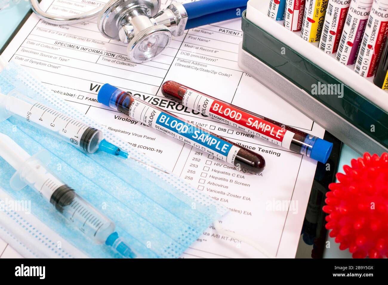 Several fictional infected blood samples with various virus with a lab ...