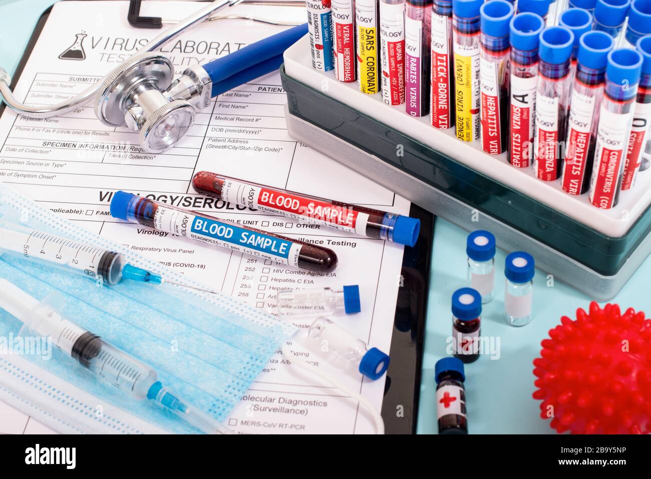 Several fictional infected blood samples with various virus on a vial ...