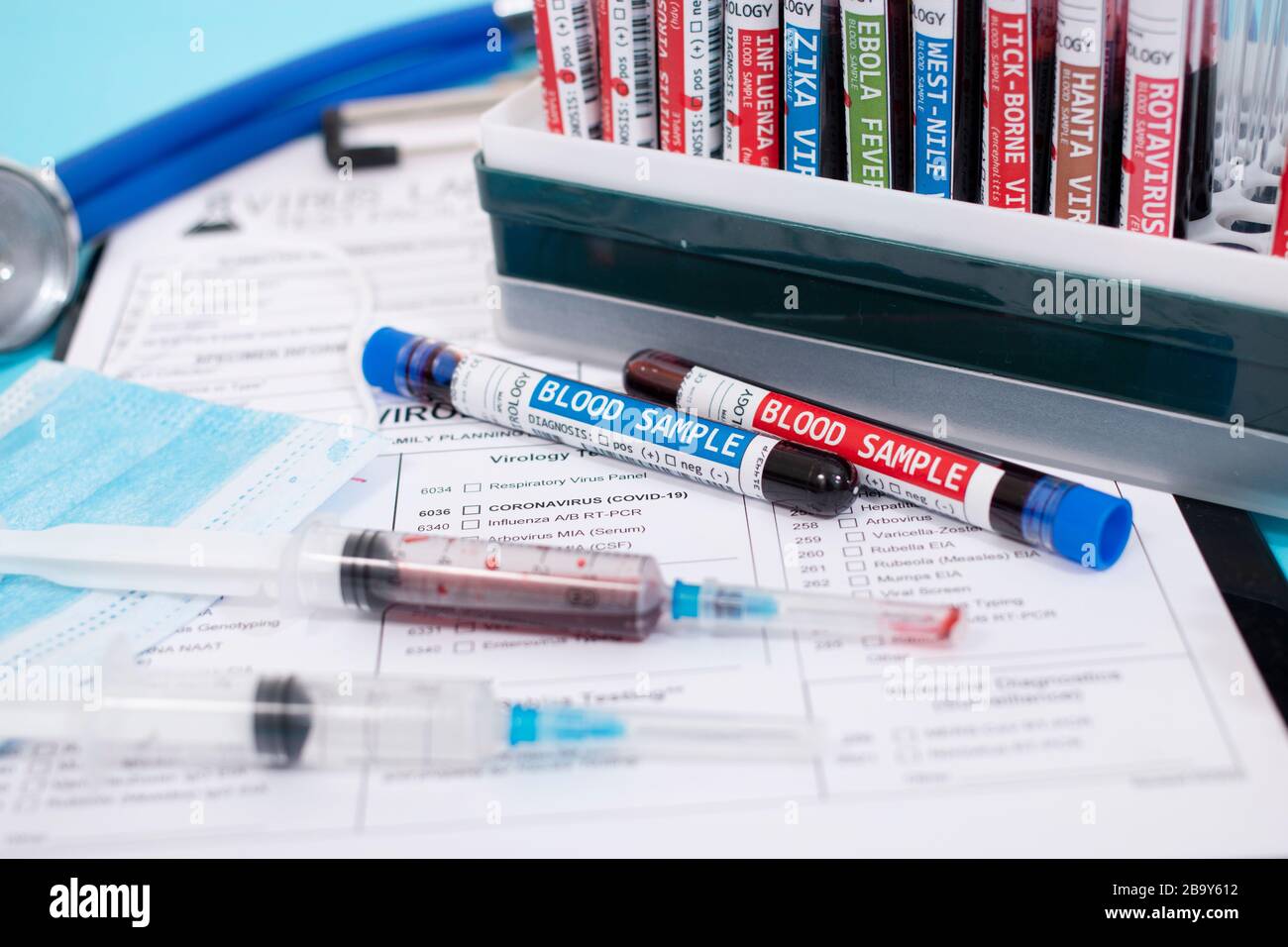 Several fictional infected blood samples with various virus with a lab ...