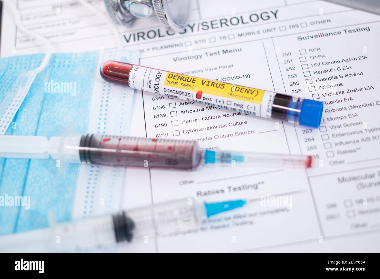 Fictional Blood samples with infected dengue virus, with mask, syringe ...