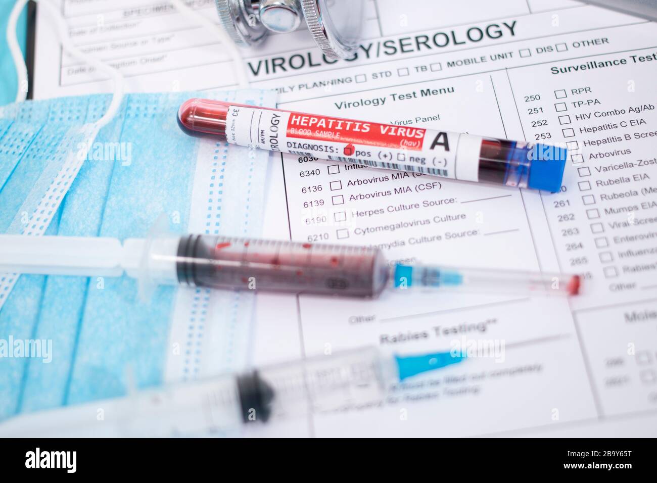Fictional Blood samples with infected hepatitis A virus, with mask ...
