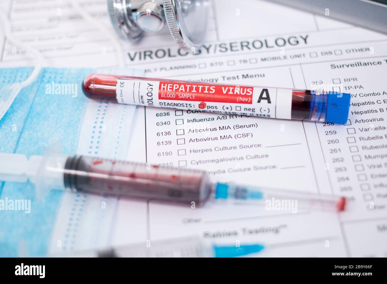 Fictional Blood samples with infected hepatitis A virus, with mask ...