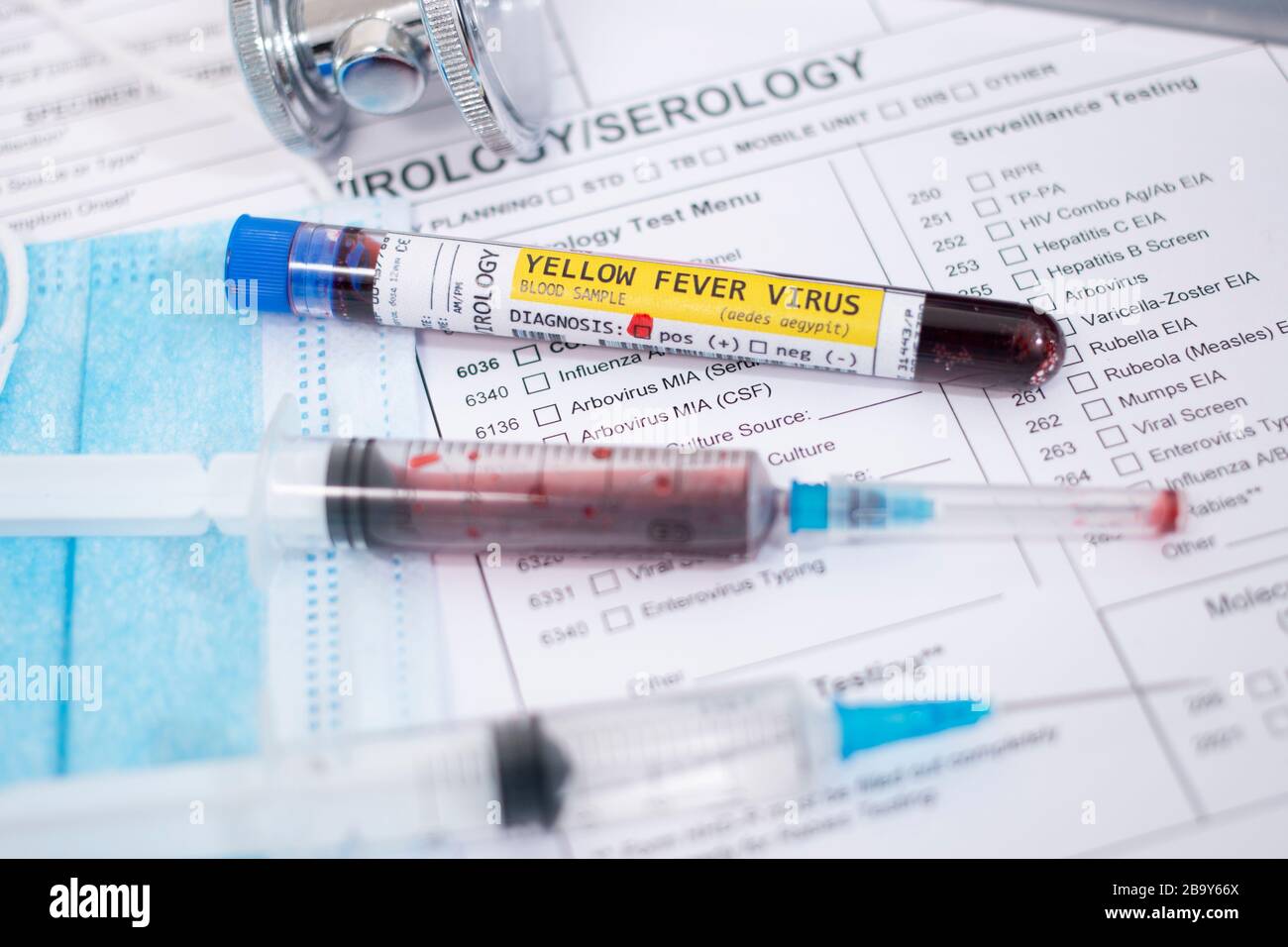 Fictional Blood samples with infected yellow fever virus, with mask ...