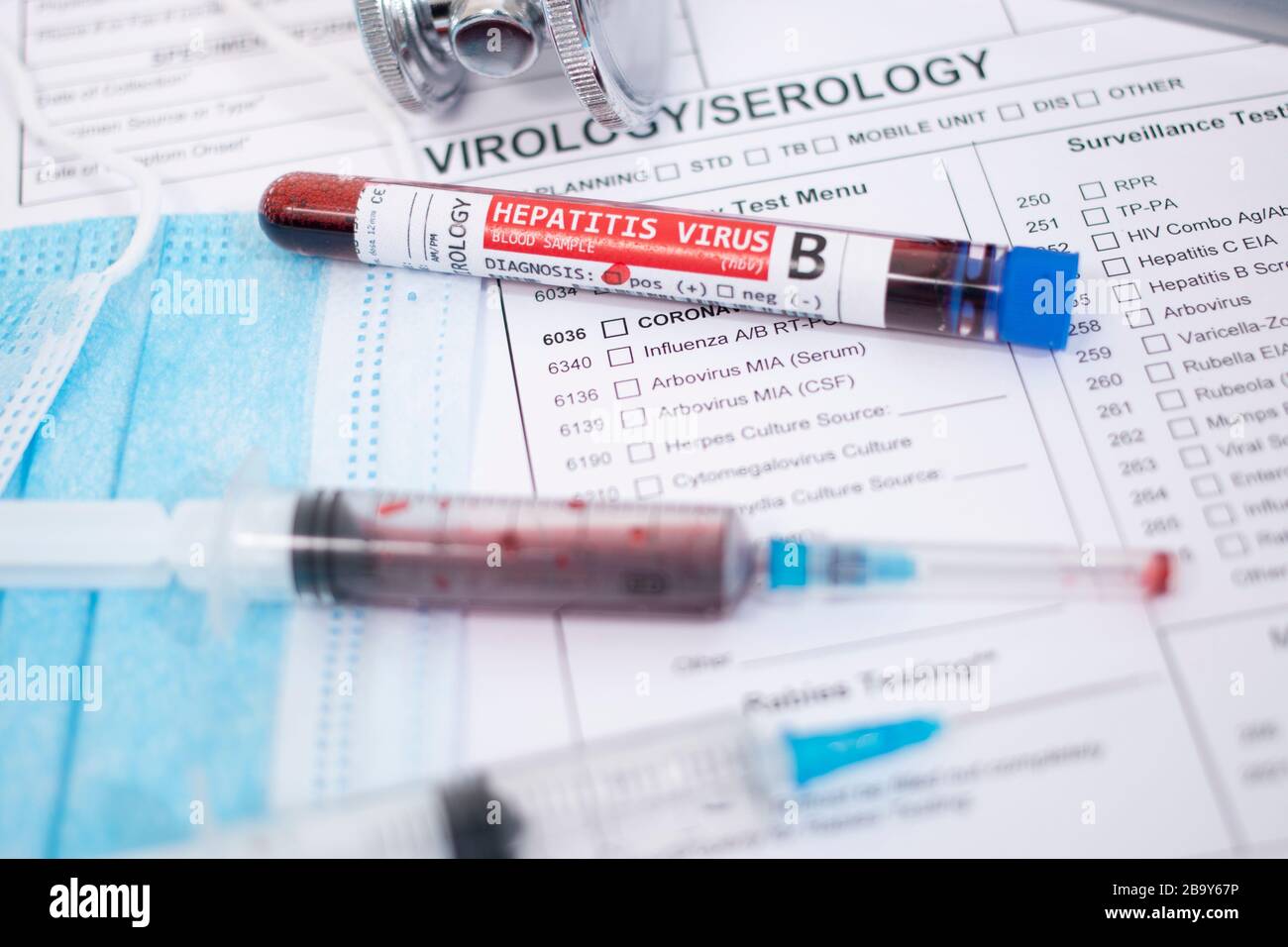 Fictional Blood samples with infected hepatitis B virus, with mask ...