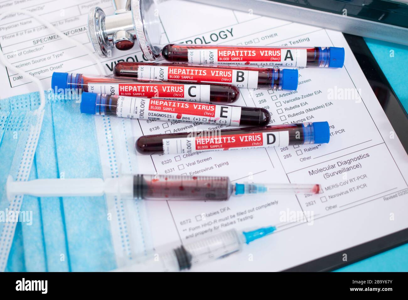Fictional Blood samples with infected hepatitis virus, with mask ...