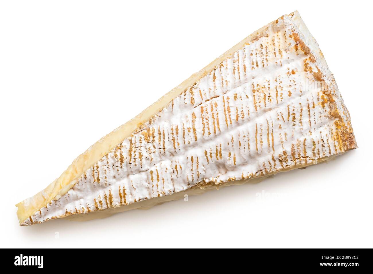 A wedge of soft ripe brie cheese isolated on white. Top view Stock ...