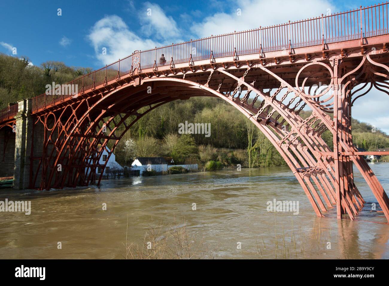 The iconic, worlds first iron bridge at Ironbridge in Shropshire, with ...