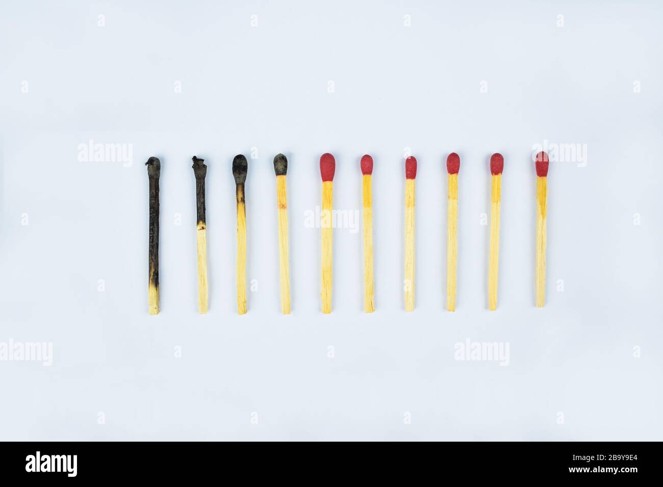 Ten burned matches arranged in a row showing the stages of a match ...