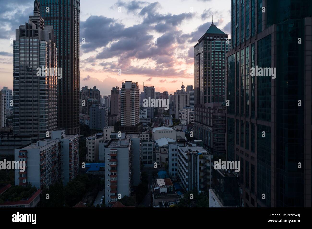 Aerial view of business area and cityscape in the dawn, West Nanjing ...
