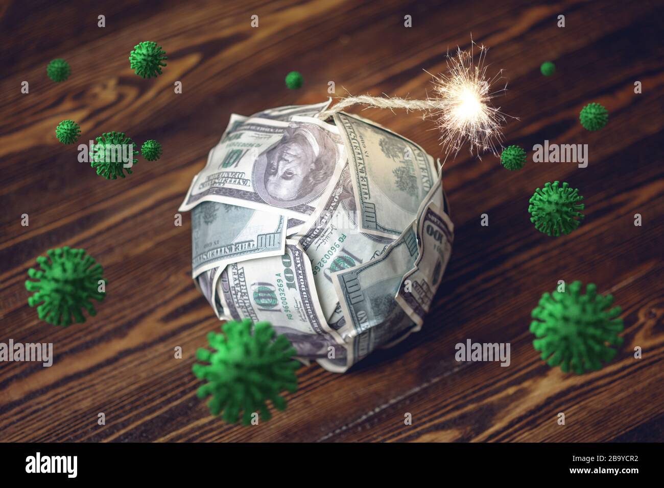 Money in the form of a dollar bomb with a burning fuse due to the COVID ...