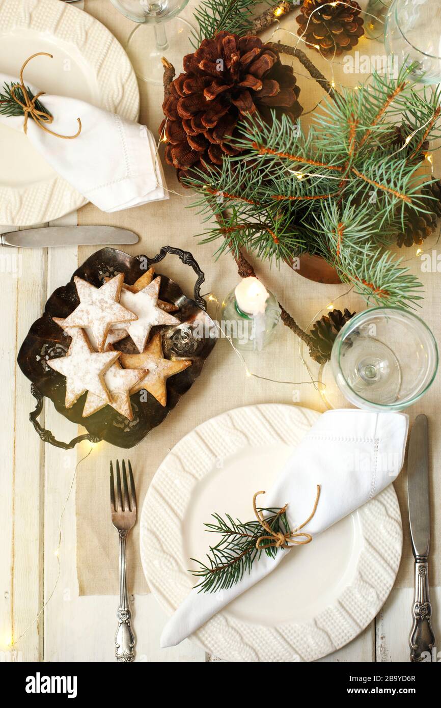 Christmas table setting, top view Stock Photo - Alamy