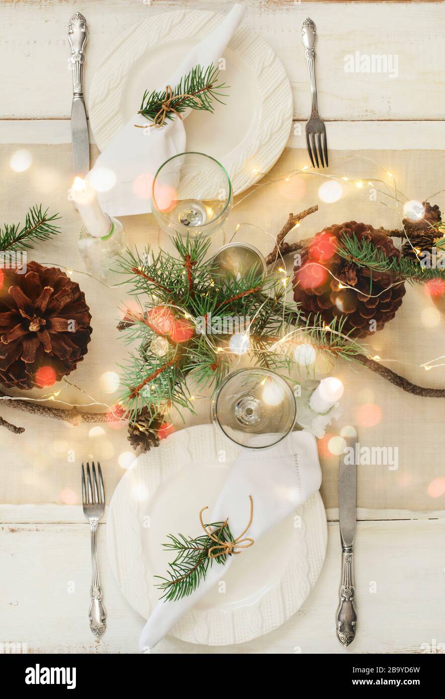 Christmas table setting, top view Stock Photo - Alamy