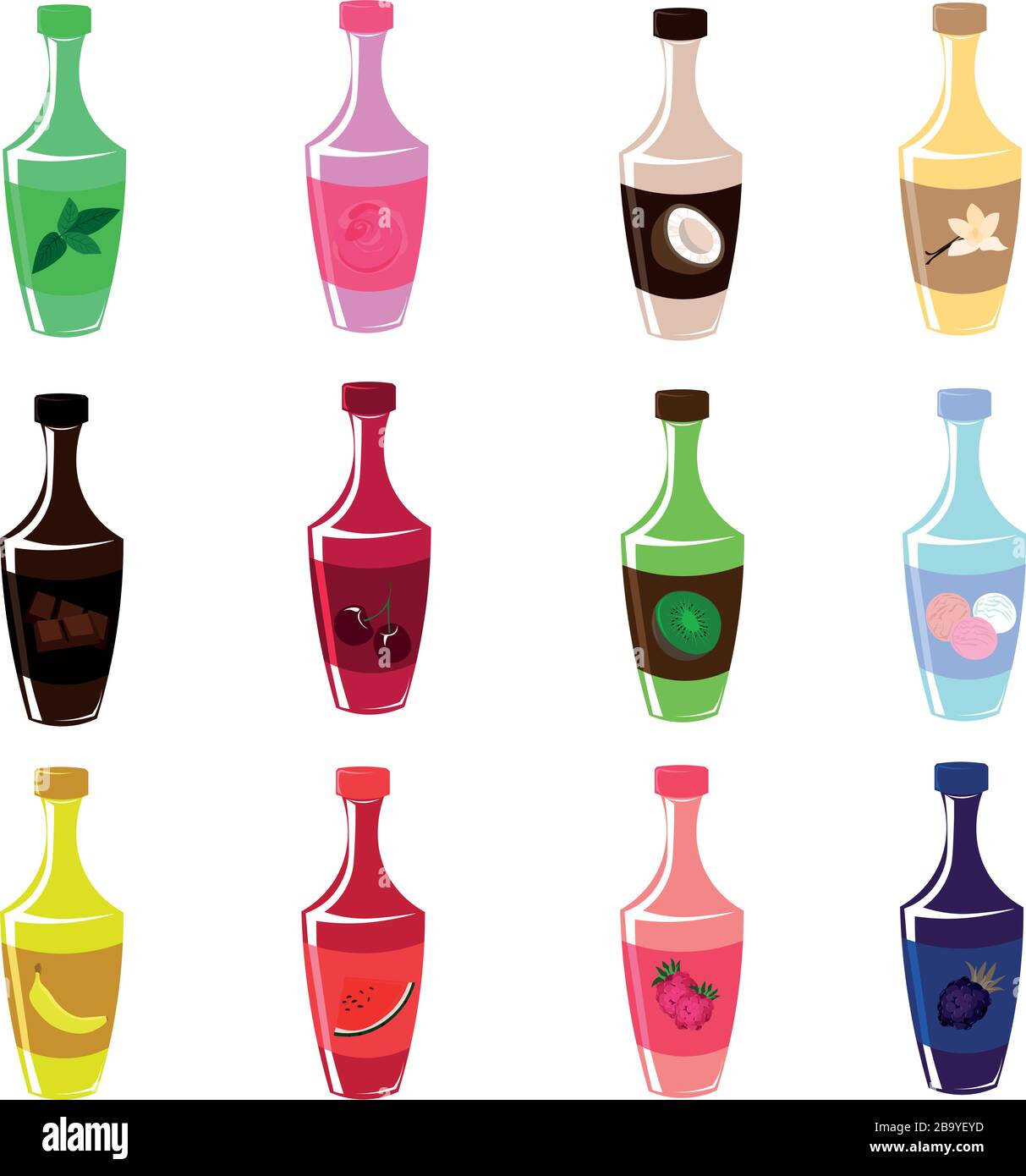 Set of vector bottles. Sweet syrups and toppings. Design for menu, cafe ...