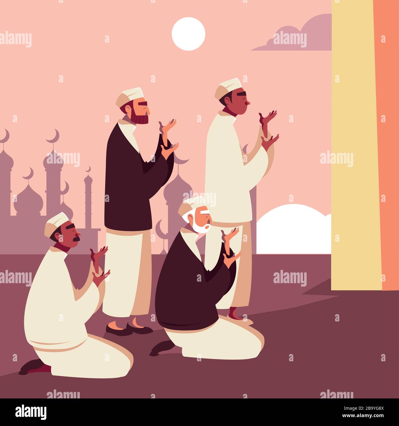 muslim men praying in the mosque, ramadan kareem vector illustration ...