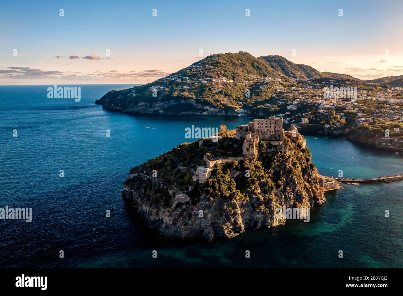 Aerial view, Aragonese Castle, Ischia Porto, Ischia island, Campania ...