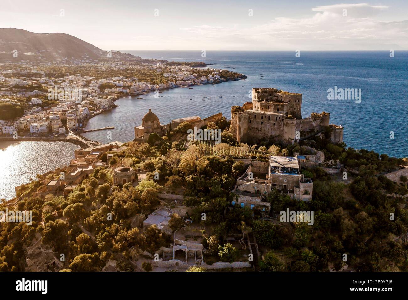 Aerial view, Aragonese Castle, Ischia Porto, Ischia island, Campania ...