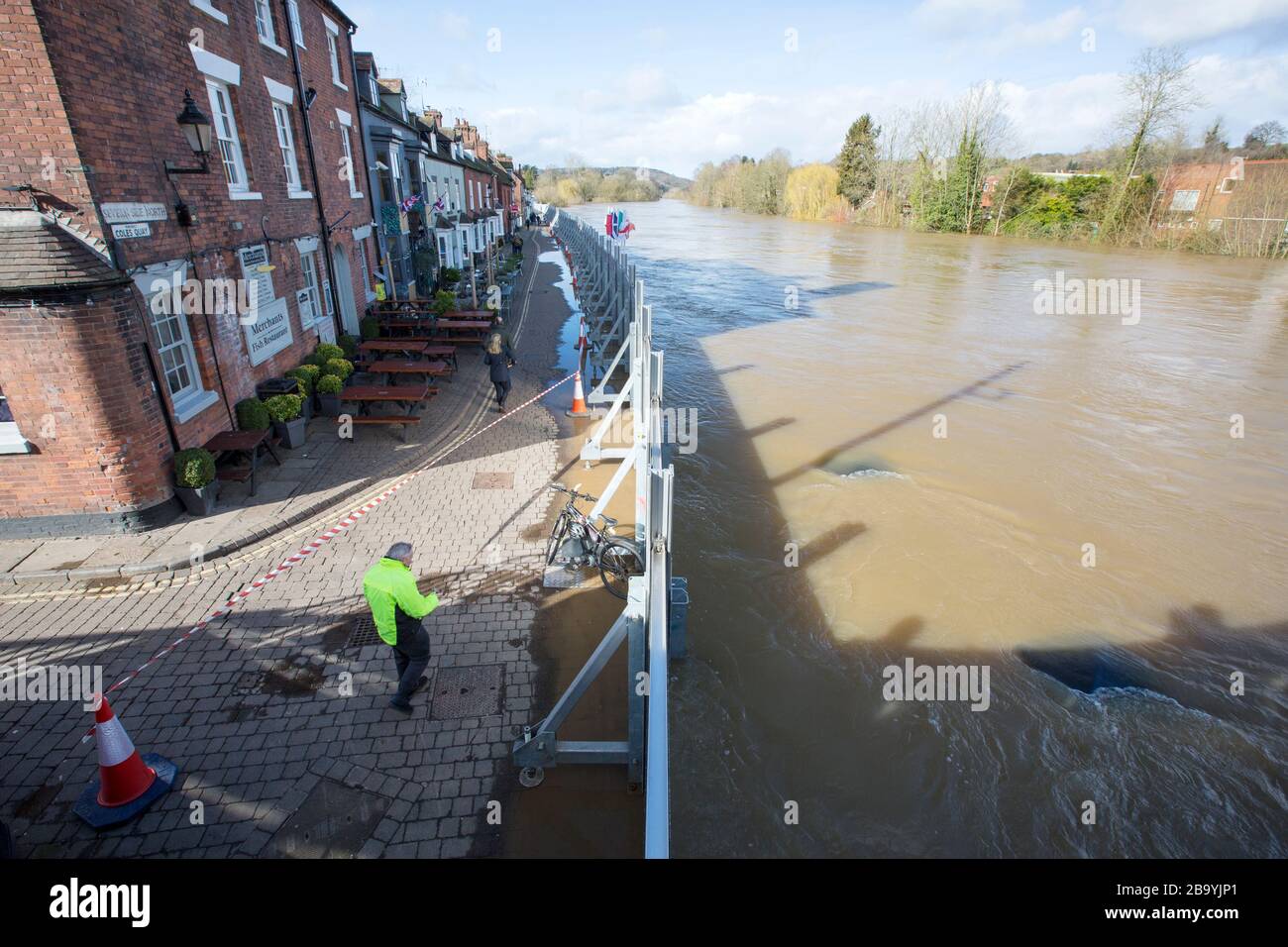 Flood barriers and flooding in Bewdley, Worcestershire, when the River ...