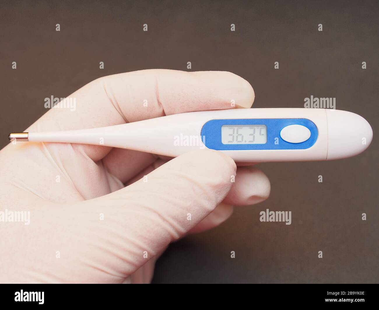 Electronic thermometer in the doctor's hand. Hand in a medical rubber ...