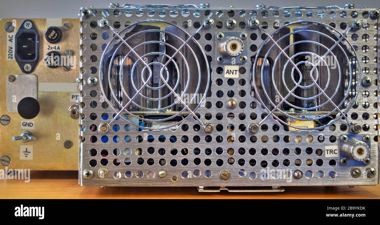 Rear panel of a high frequency power amplifier with vacuum tubes close ...