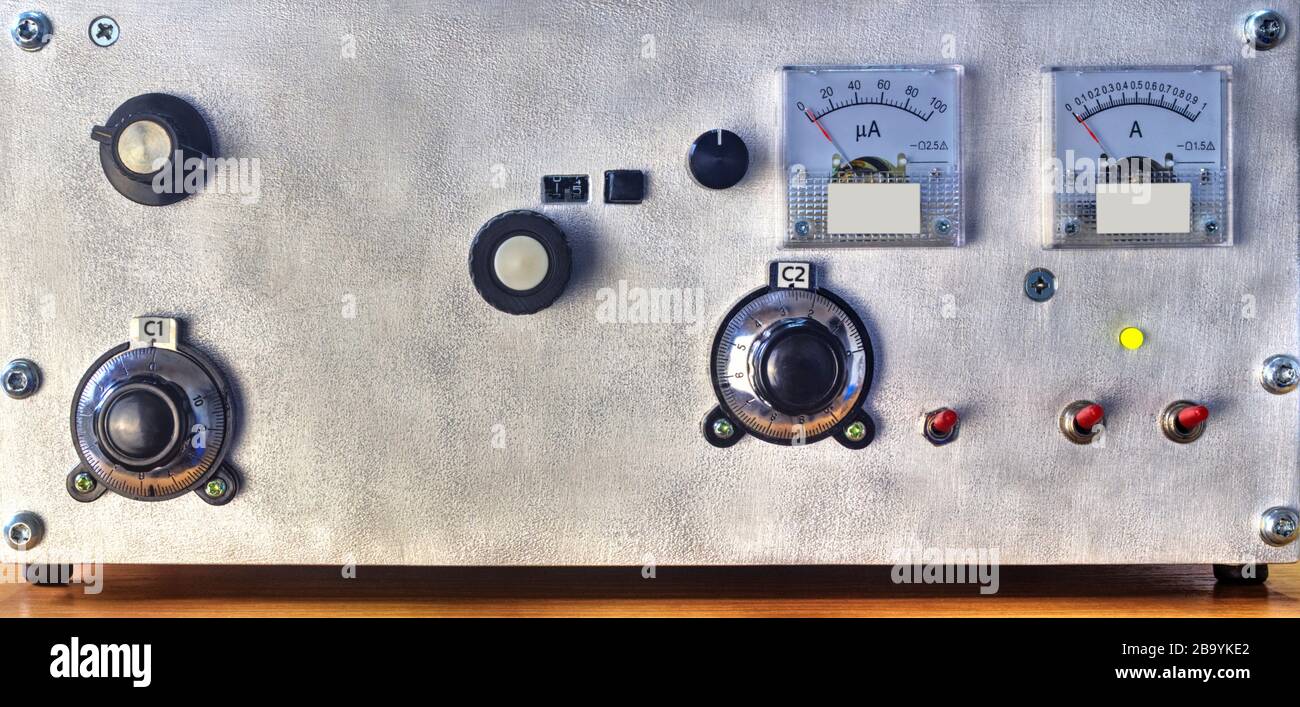Front panel of a high frequency power amplifier with vacuum tubes close ...