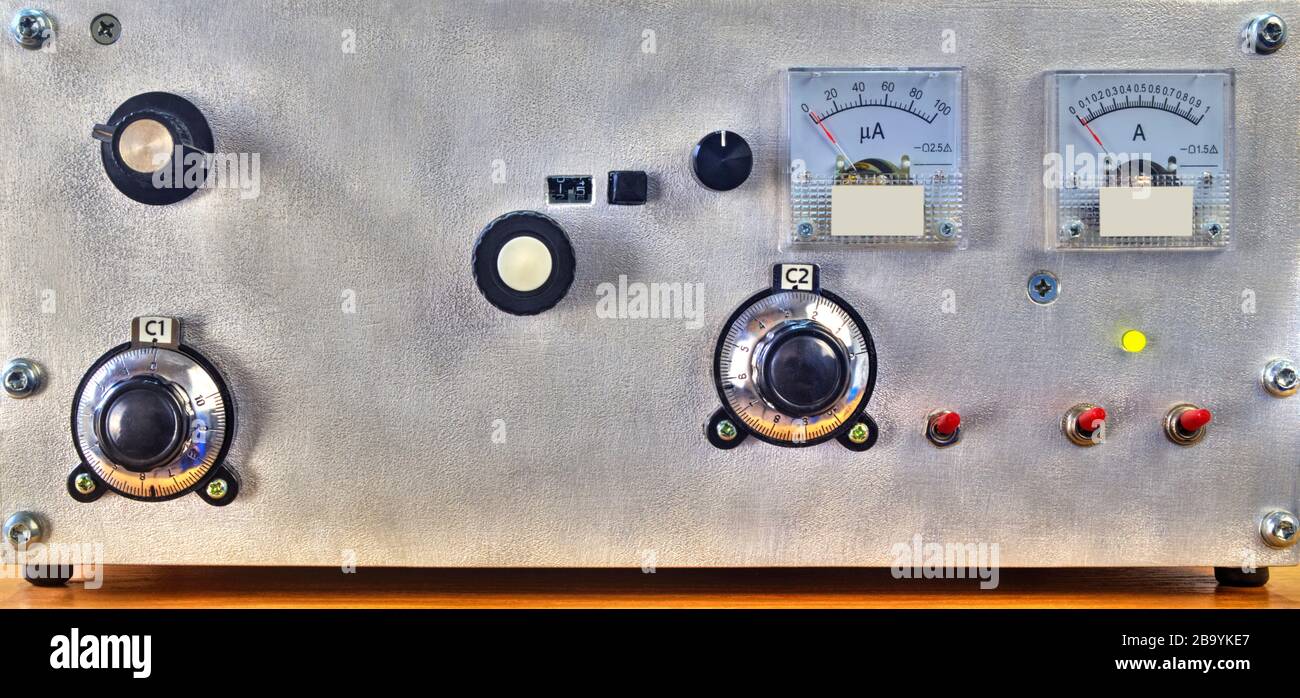 Front panel of a high frequency power amplifier with vacuum tubes close ...