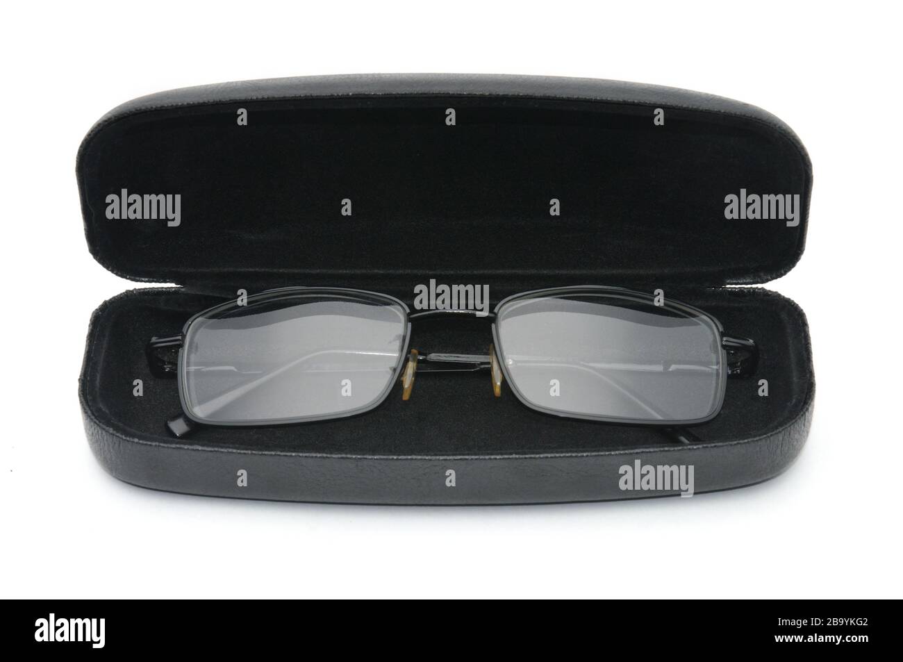 Transparent optical glasses with a eyeglass case on an isolated white ...