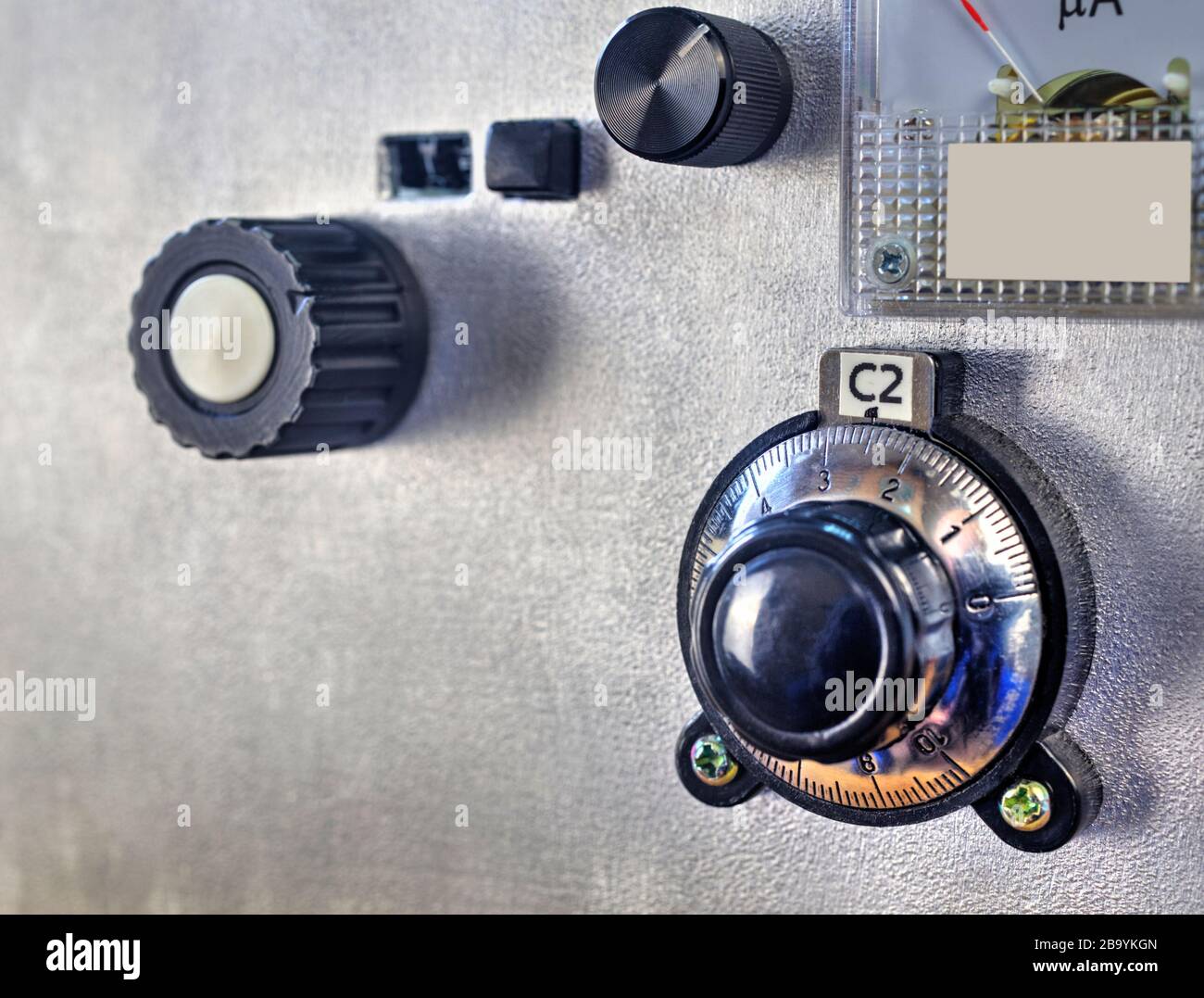 Front panel of a high frequency power amplifier with vacuum tubes close ...
