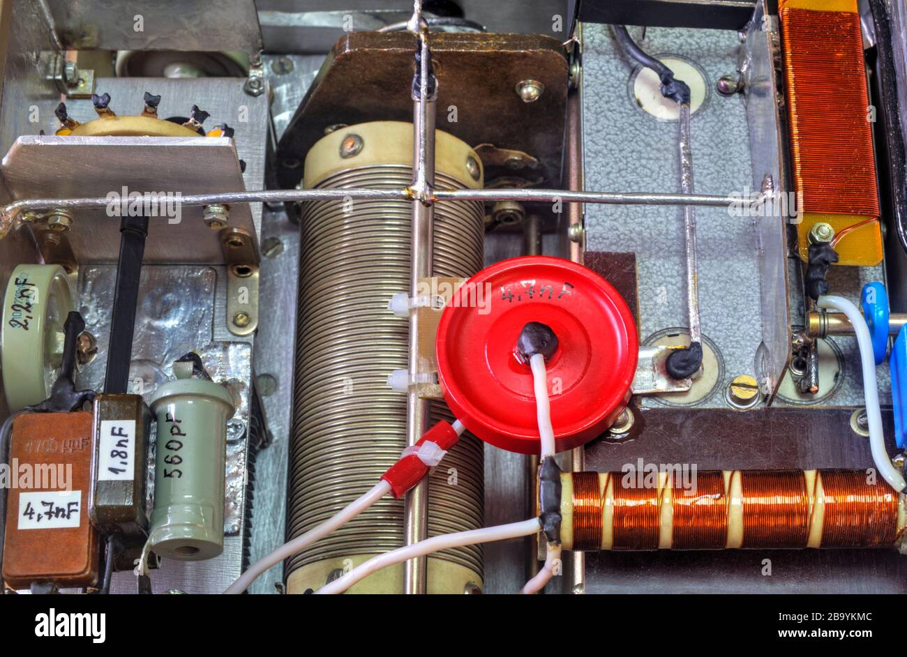 Inside view of high frequency power amplifier with capacitors, coils ...