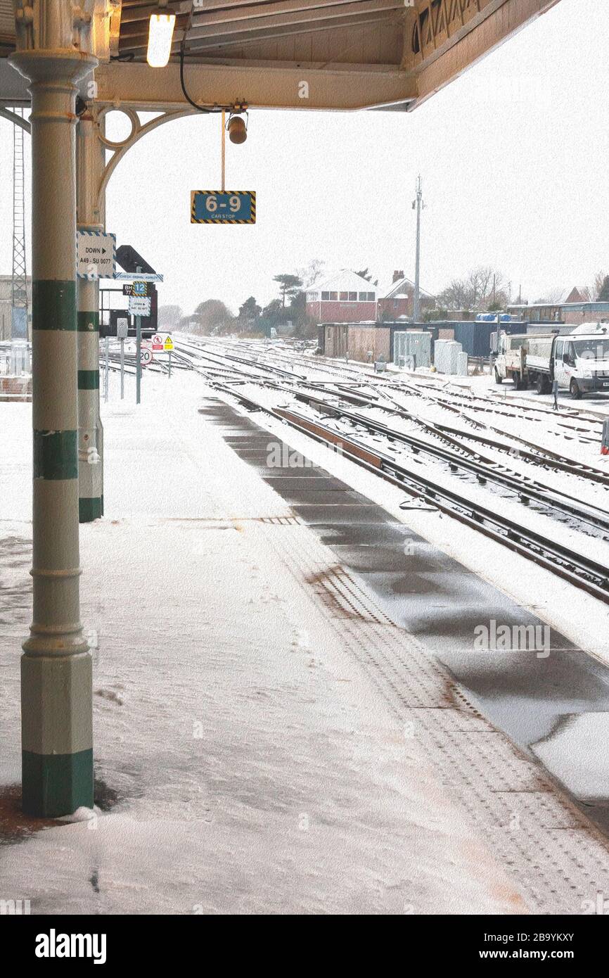 Oil painting snow at train platform station in UK Stock Photo - Alamy