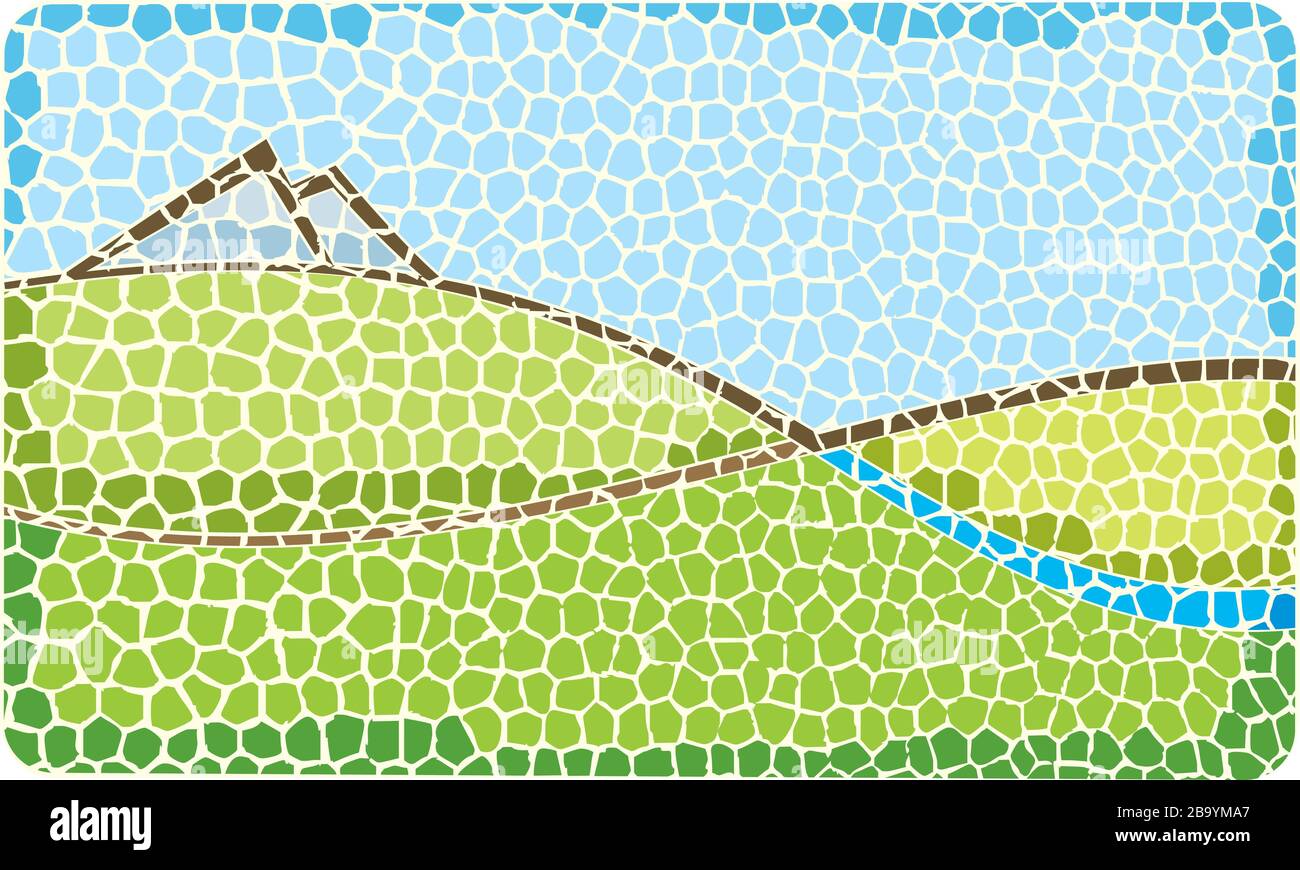 Vector illustration. Cracked icon of a green valley with river and ...