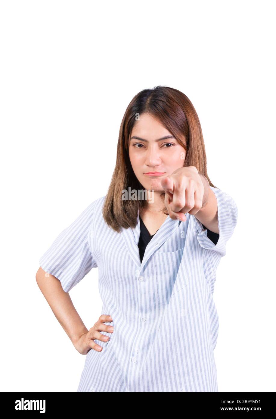 woman pointing finger go front with anger on white background Stock ...