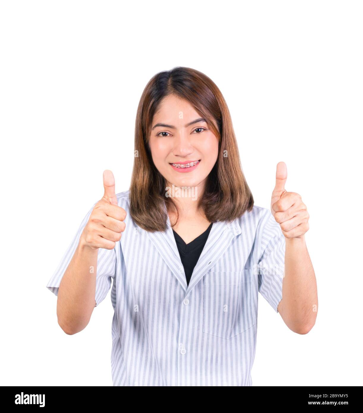 woman two thumb up on white background Stock Photo - Alamy